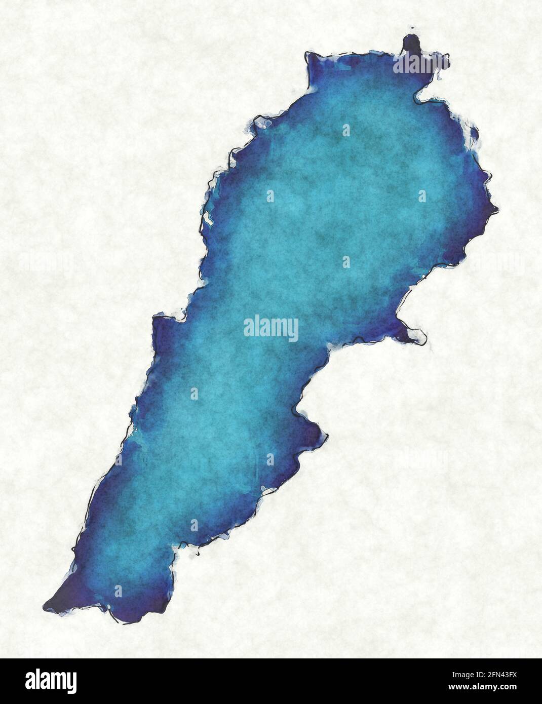 Lebanon map with drawn lines and blue watercolor illustration Stock ...