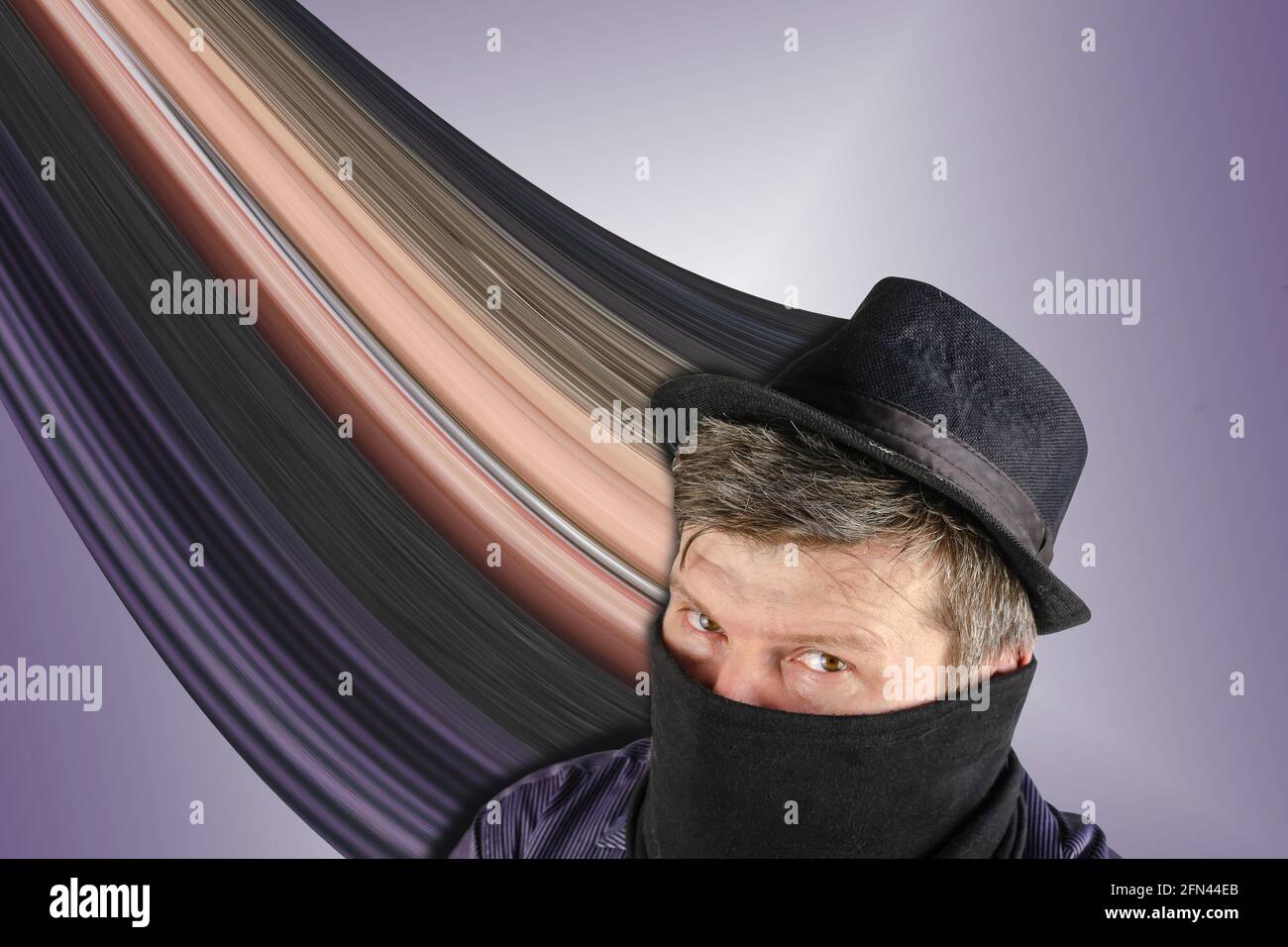 Middle-aged man wearing black hat with small brim and scarf over his ...