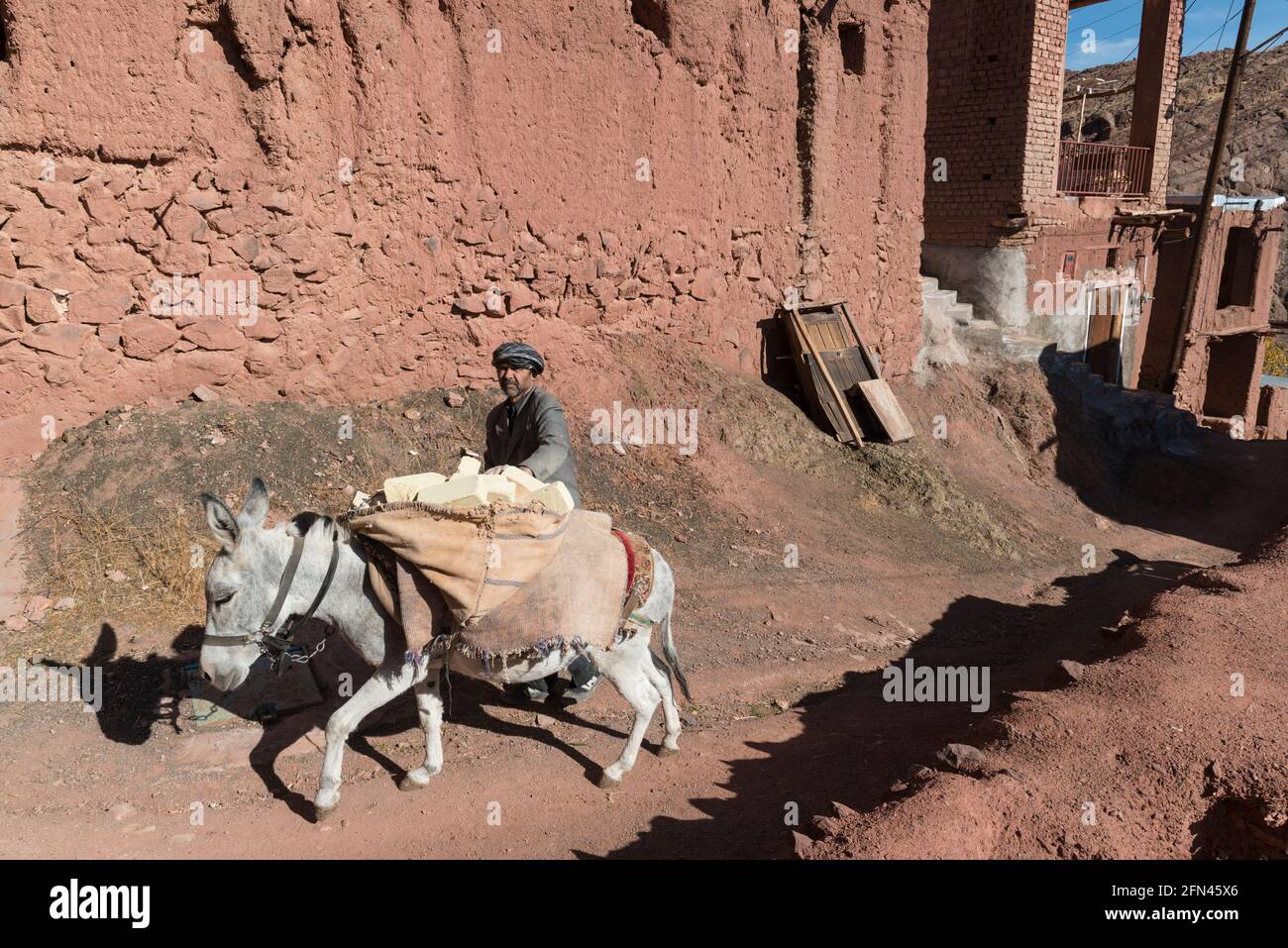 Man with donkey loaded with bricks walking between the red colored ...