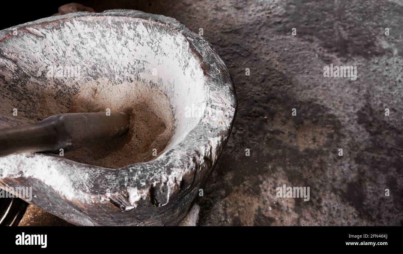 Ancient flour mortar. Wooden vessel for manual hand grinding. Authentic ...