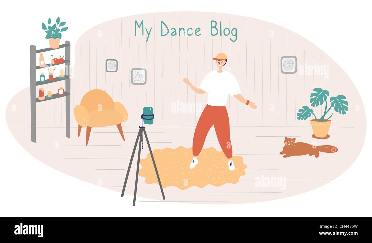 Young blogger. Dancer is dancing in front of camera. Guy shoots funny ...