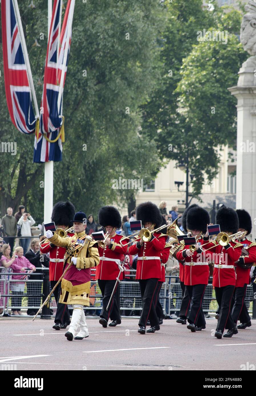 A Marching Scots Guards Band Trooping The Colour Outside Buckingham ...