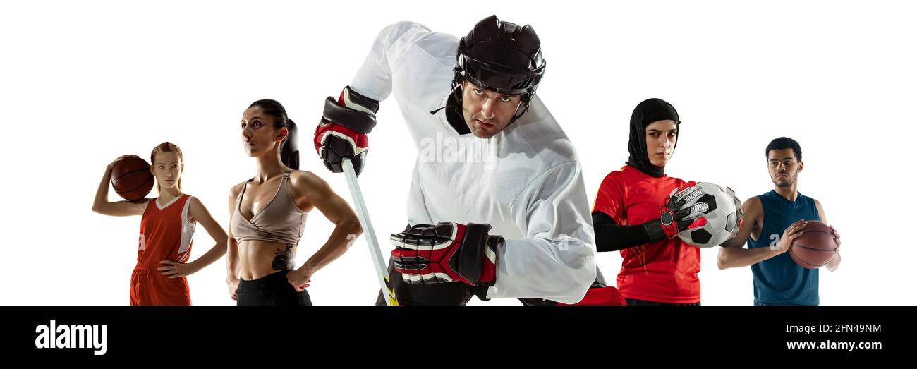 Collage of different professional sportsmen, fit people in action and ...