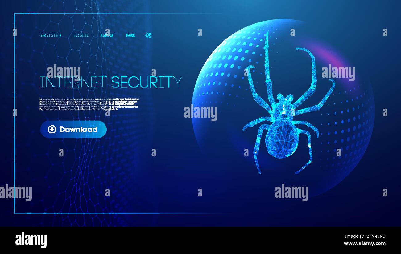 Virus spider in low poly style on blue background with sphere shield ...