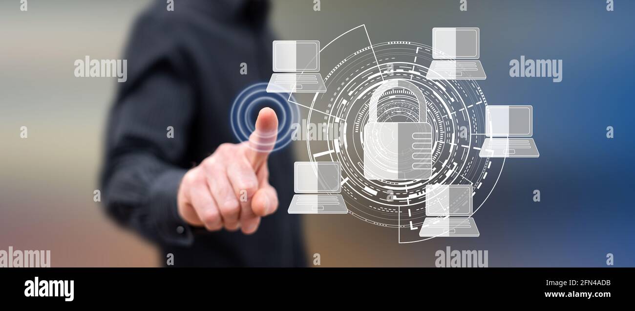 Man touching a data protection concept on a touch screen with his ...