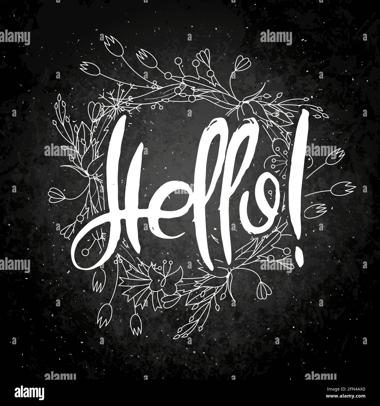 Hello. Hand lettering grunge card with flower background. Handcrafted ...
