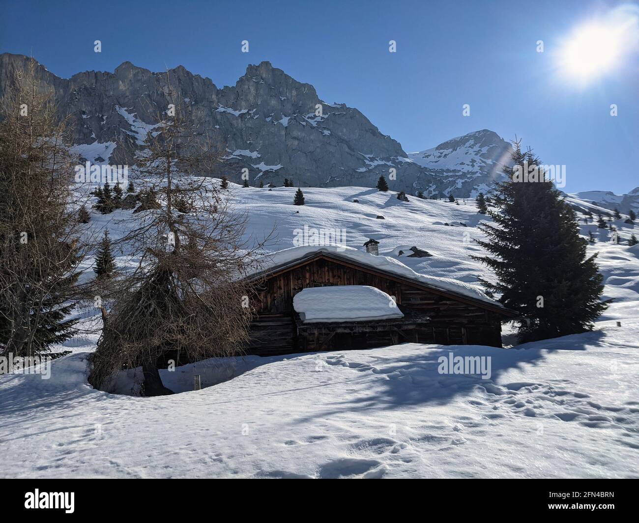 wooden hut on the alp partnun in the canton of grisons. good ski ...