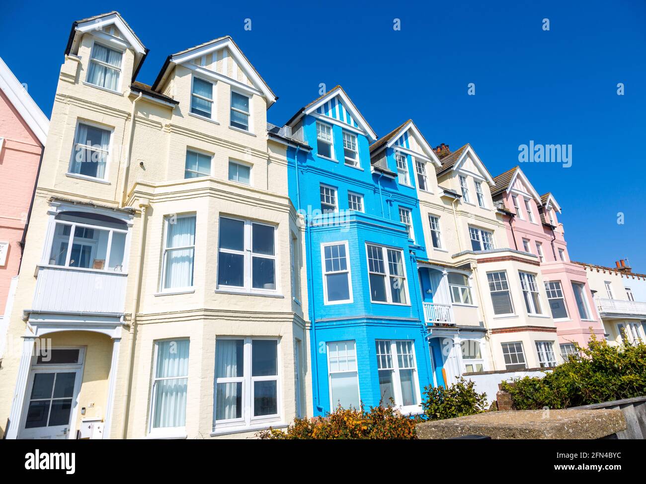 Historic colourful houses on the seafront, Aldeburgh, Suffolk, England ...