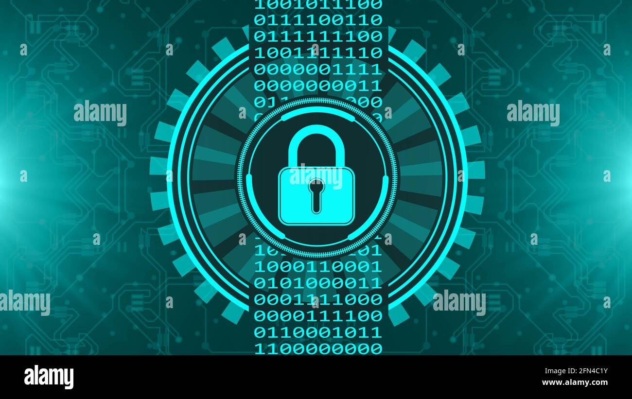 Secure Technology Concept Padlock Binary Code Hud Graphic Elements In Turquoise On Blurred