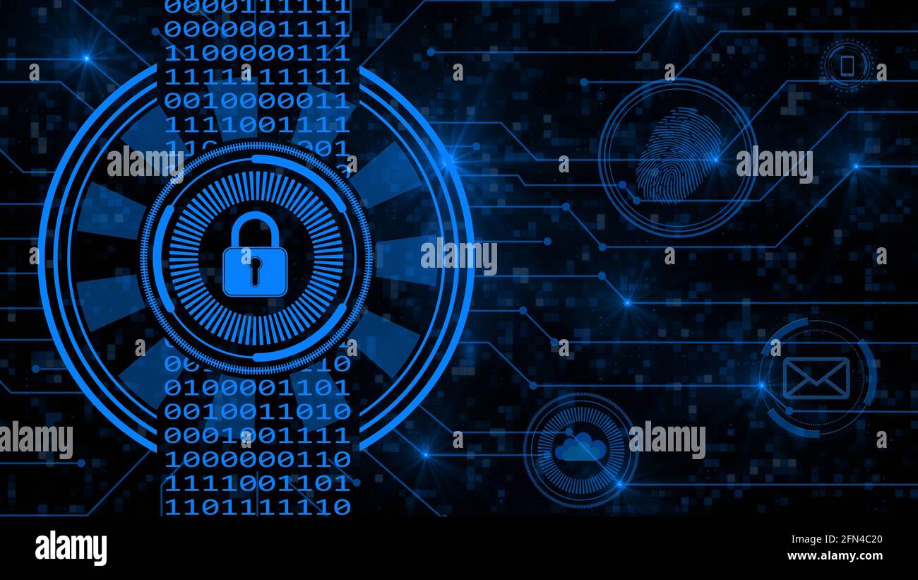 Secure technology concept - padlock binary code hud connecting lines fingerprint cloud mail ...