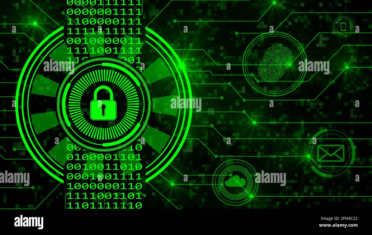 Secure technology concept - padlock binary code hud connecting lines fingerprint cloud mail ...