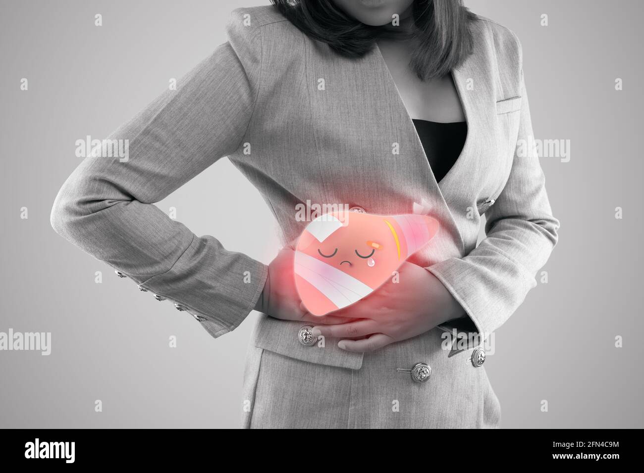 Illustration sick liver on woman's body against gray background ...