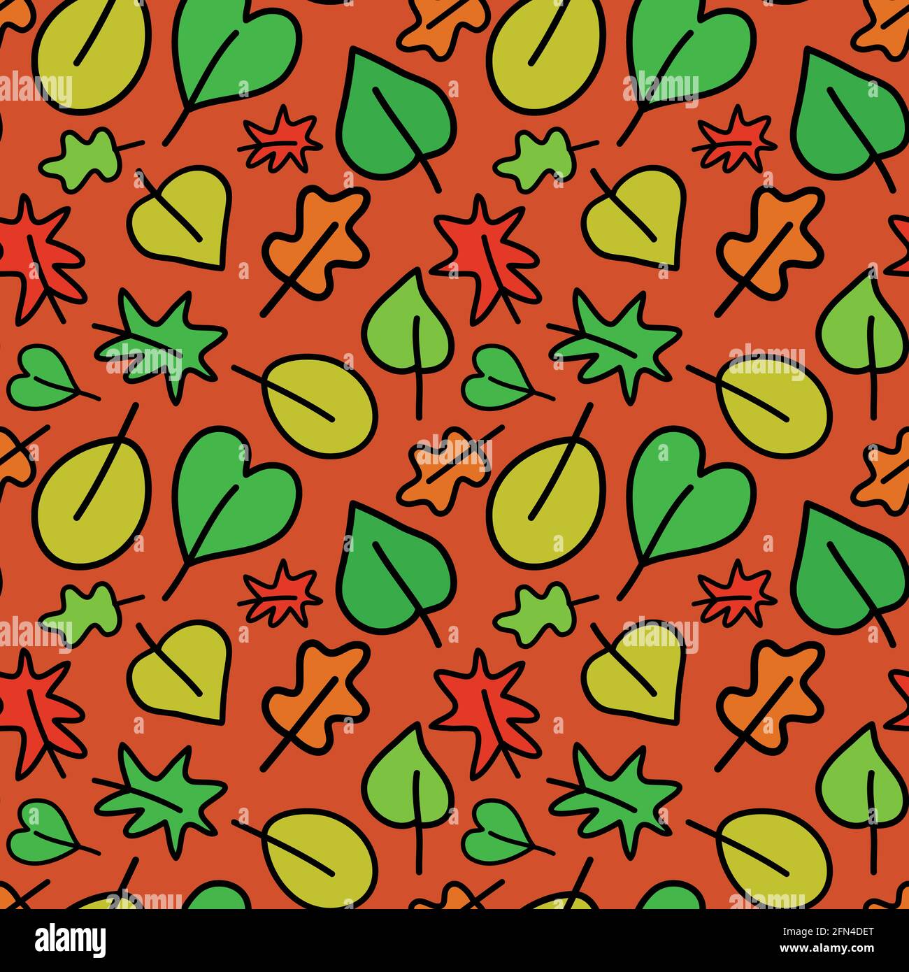 Autumn leaves on an orange background seamless pattern, green orange ...