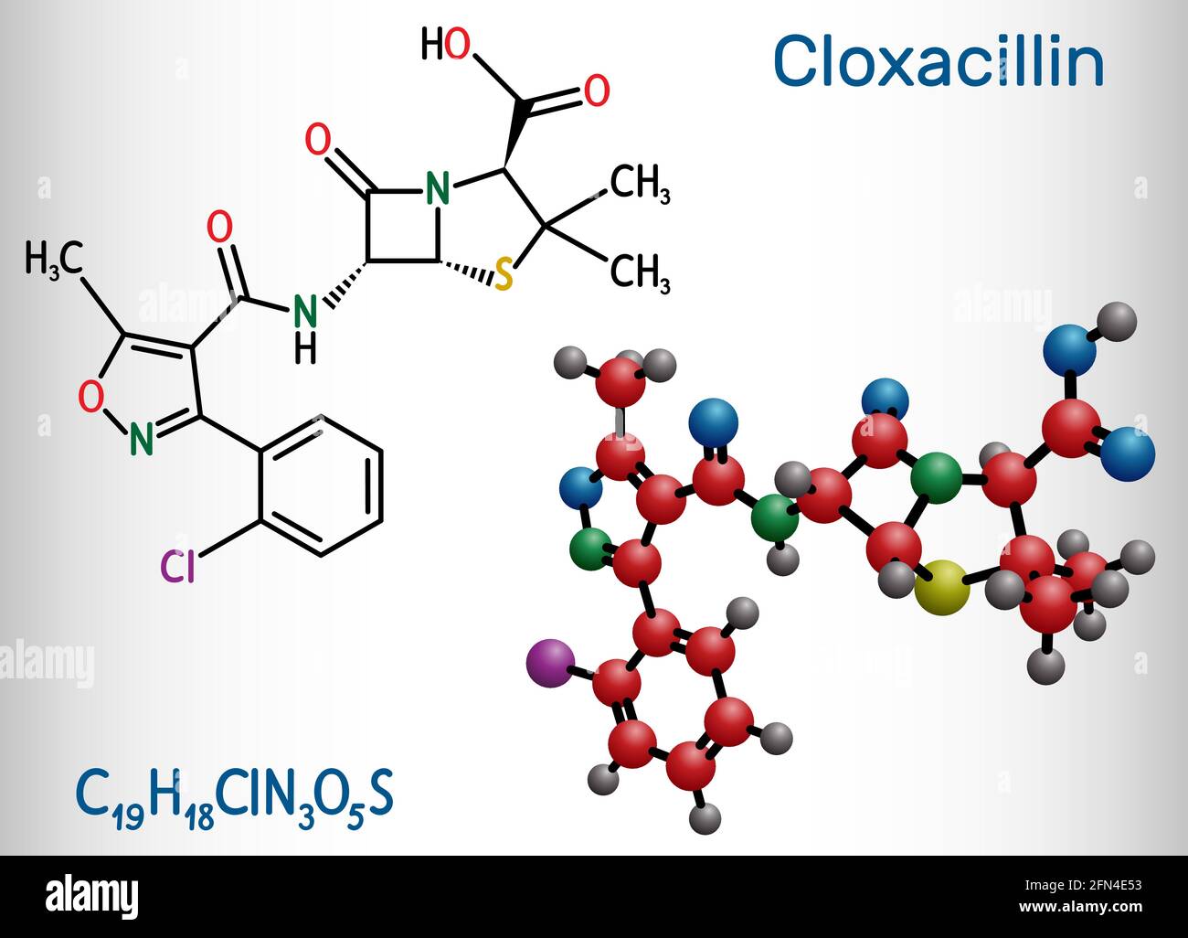 Cloxacillin molecule. It is antibacterial drug, semi-synthetic beta ...