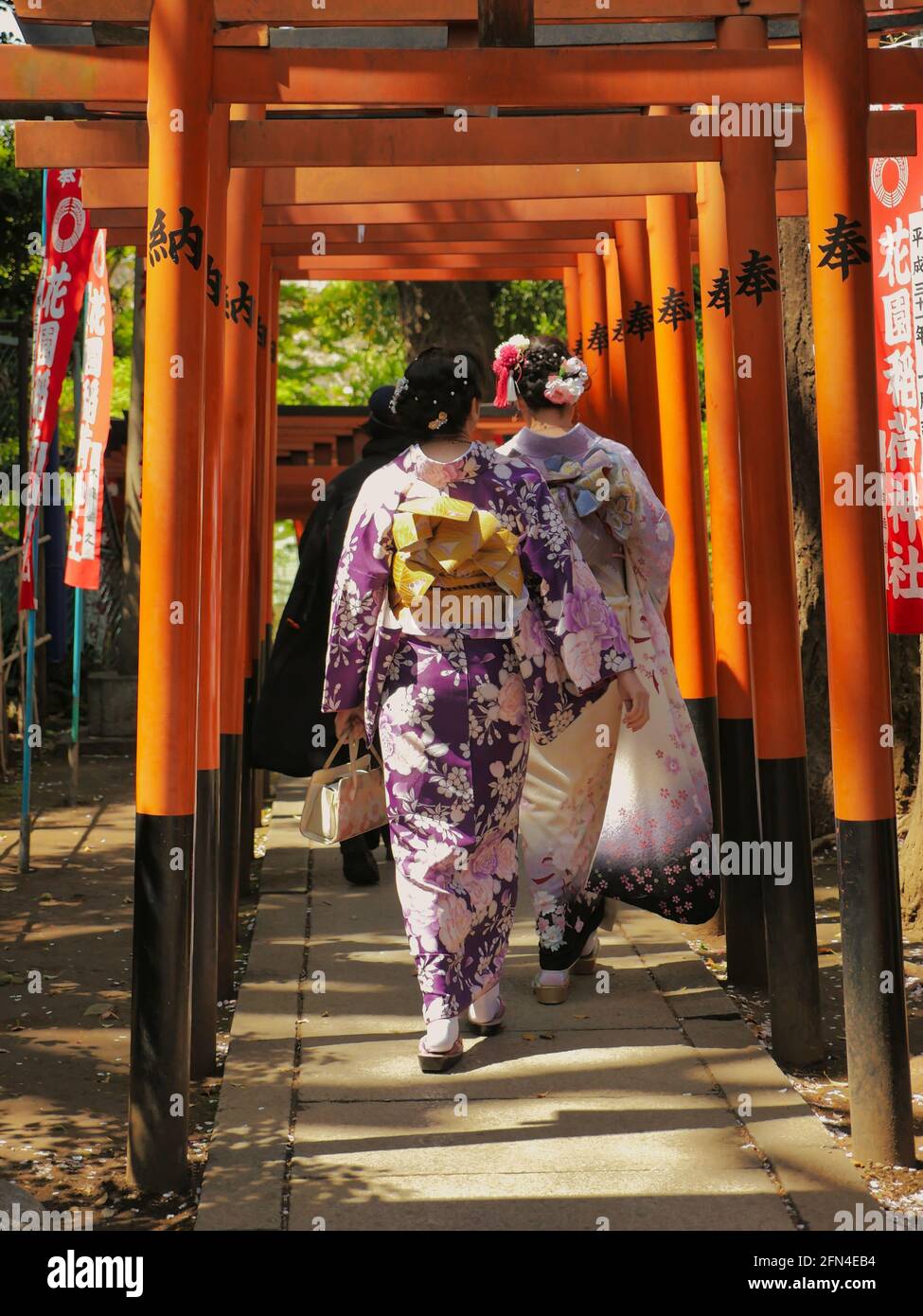 Women in Japanese kimonos walk through a path of orange torii gates ...