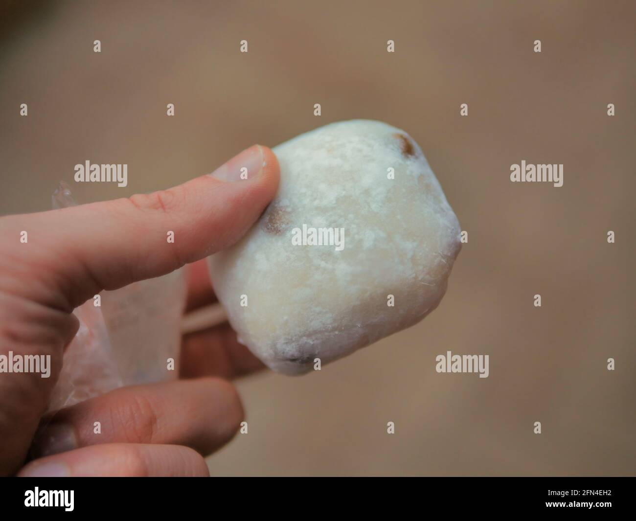 Hand holds a Mame Daifuku mochi eaten on the street. Traditional ...