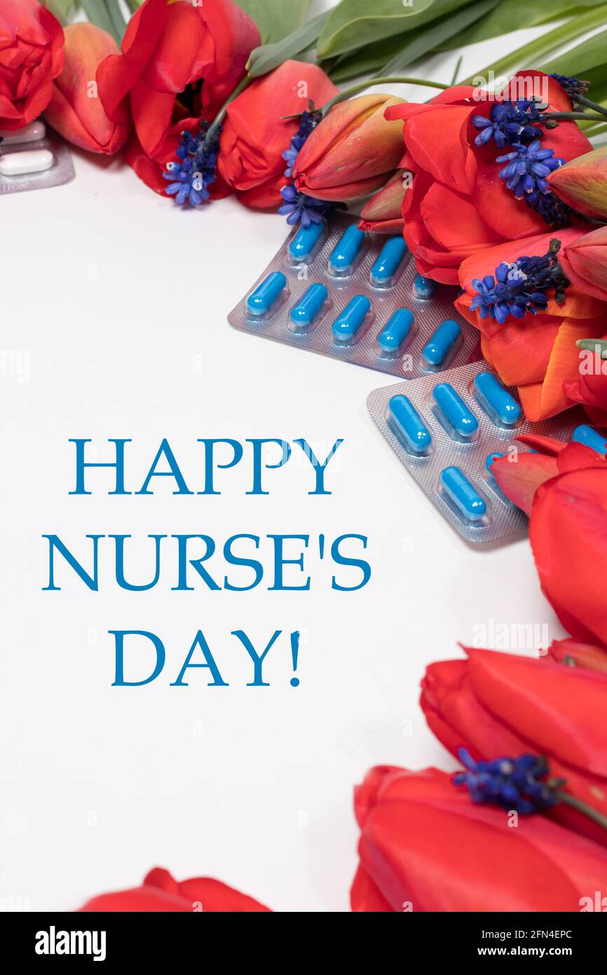 Vertical greeting card with flowers and pills with inscription Happy ...