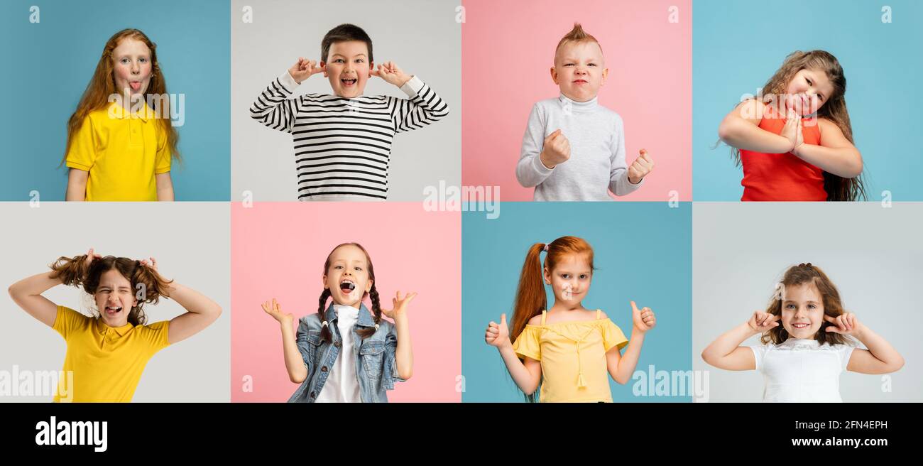 Art collage made of portraits of little and happy kids isolated on ...