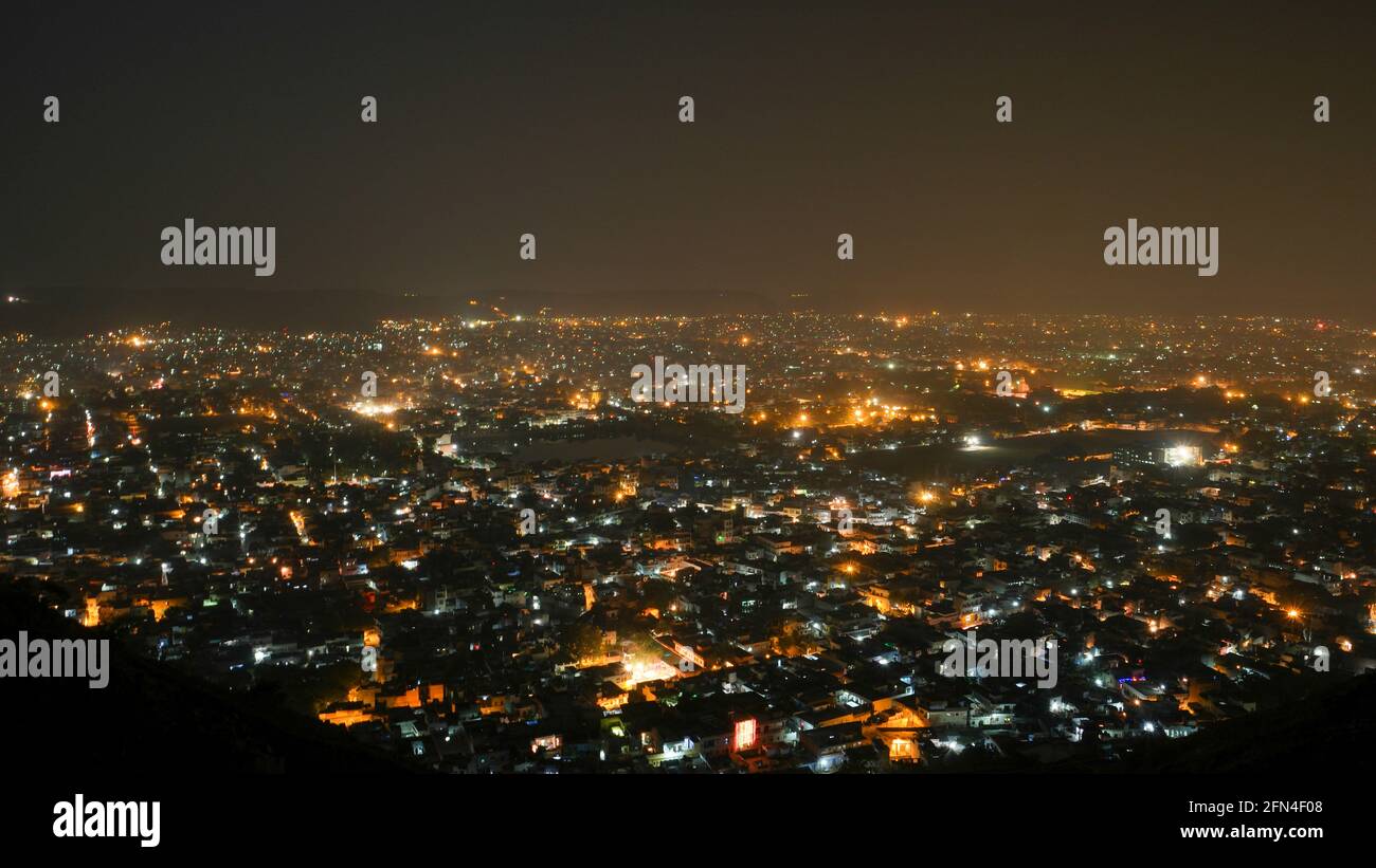 Aerial shot of the cityscape of Jaipur during nighttime, view from the ...