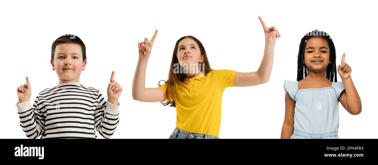 Art collage made of portraits of little and happy kids isolated on ...