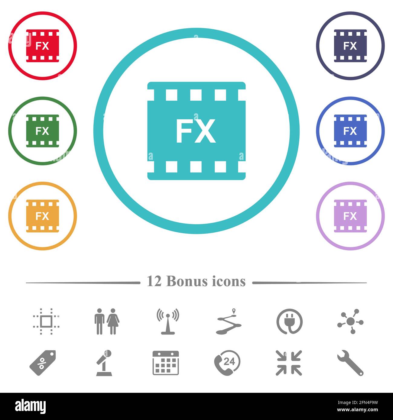 Movie effects flat color icons in circle shape outlines. 12 bonus icons ...