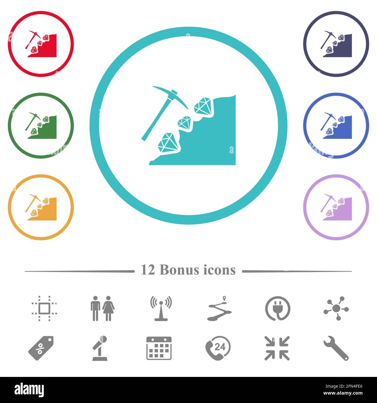 Diamond mining flat color icons in circle shape outlines. 12 bonus ...