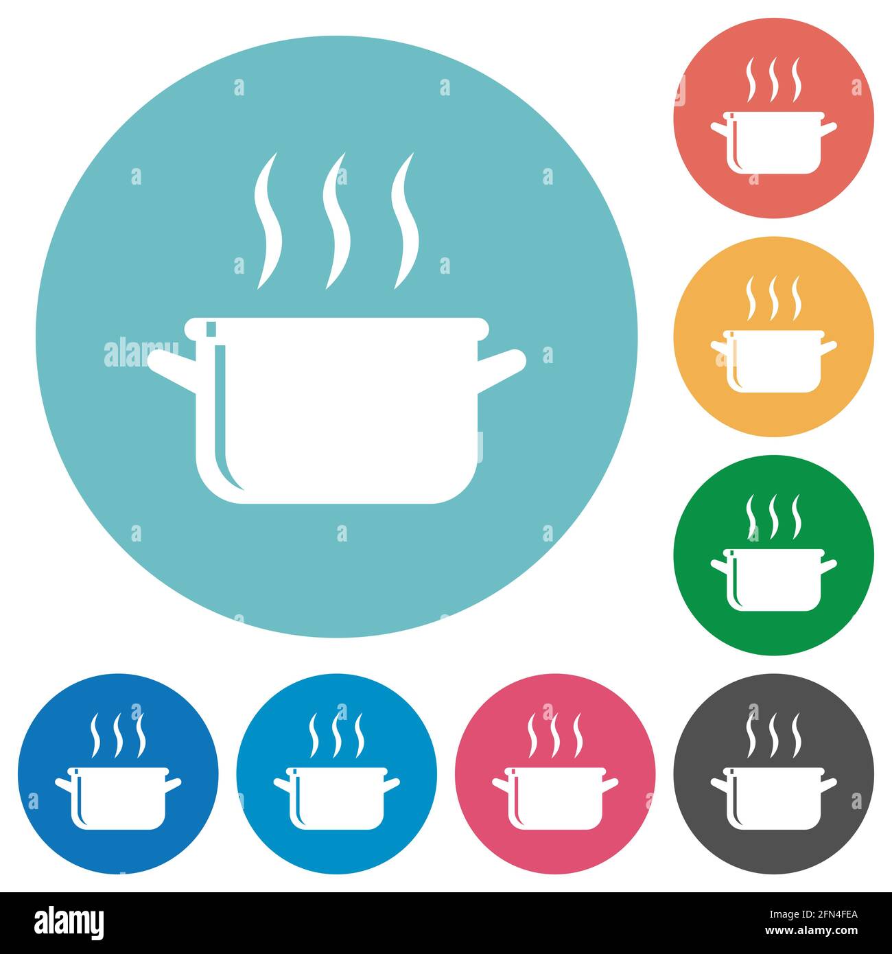 Steaming glossy pot flat white icons on round color backgrounds Stock ...