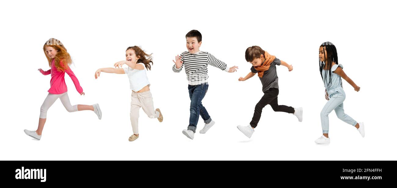 Art collage made of portraits of little and happy kids isolated on ...