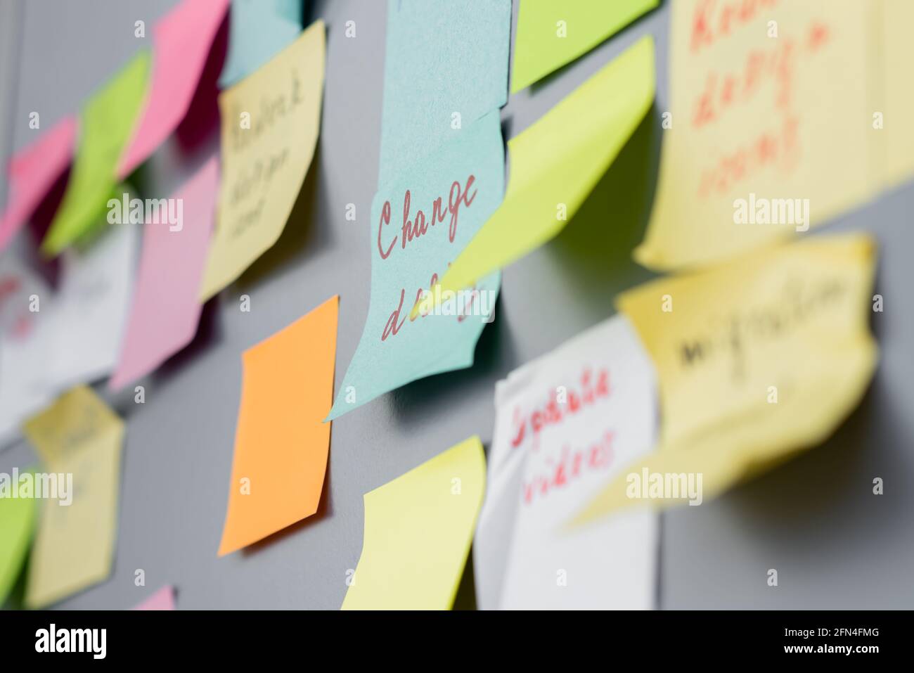 Sticky notes with lettering on board in office Stock Photo - Alamy
