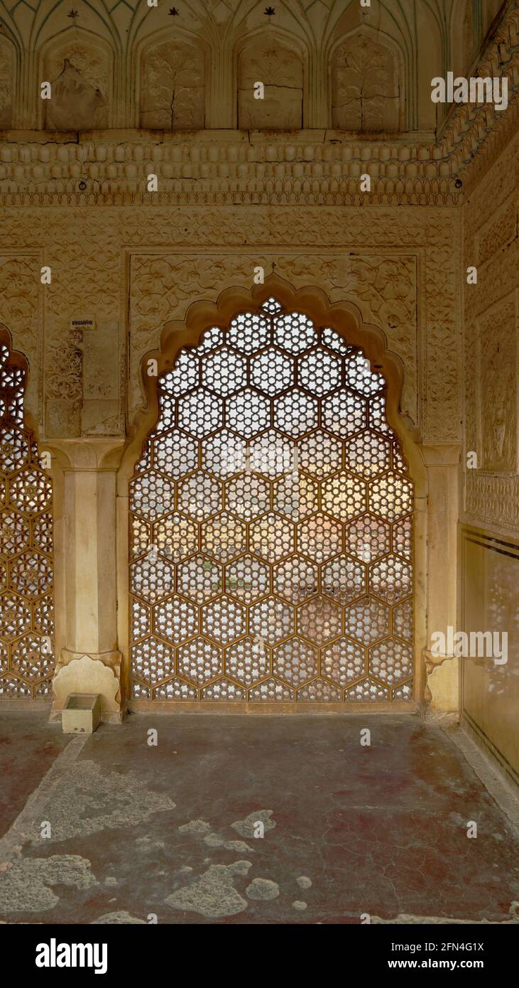 Vertical shot of the details of the majestic Amber Fort near Jaipur ...