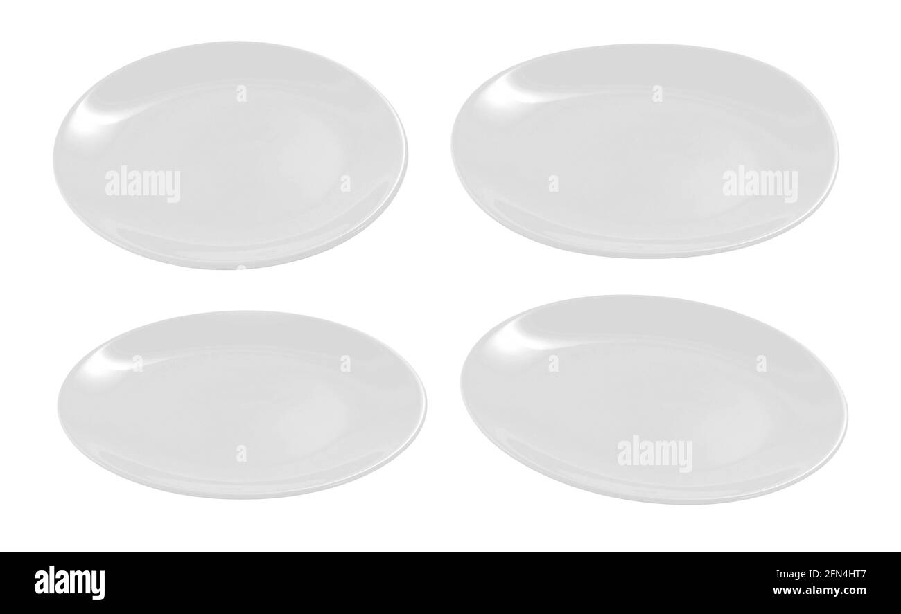collection of ceramic white plate on white background Stock Photo - Alamy
