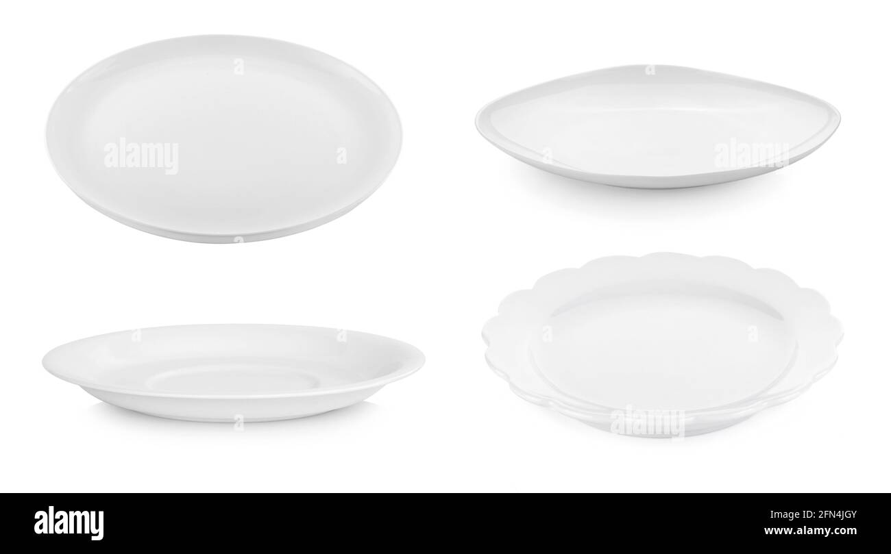 collection of ceramic white plate on white background Stock Photo - Alamy