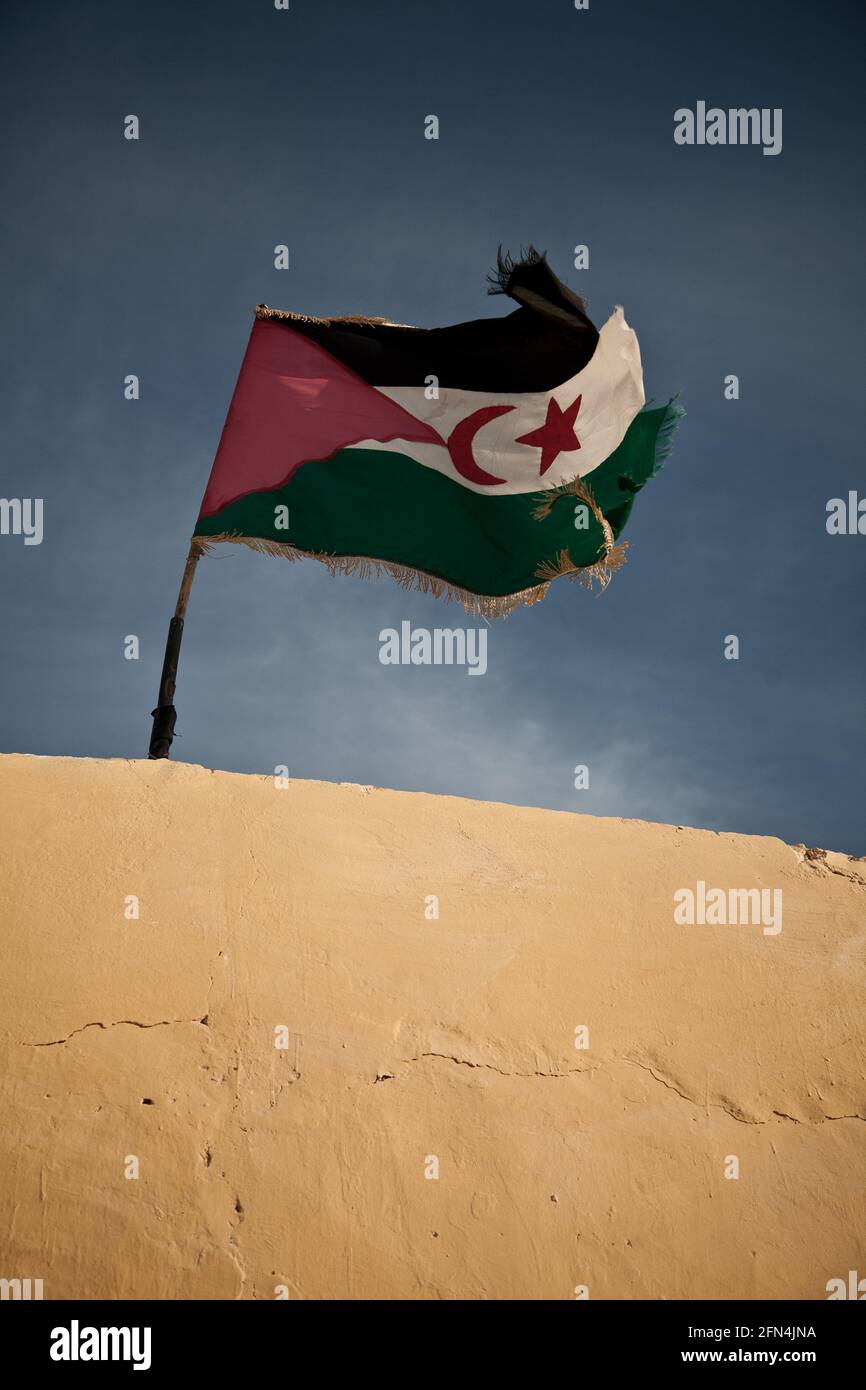 The flag of the Sahrawi Arab Democratic Republic, on a building at the ...