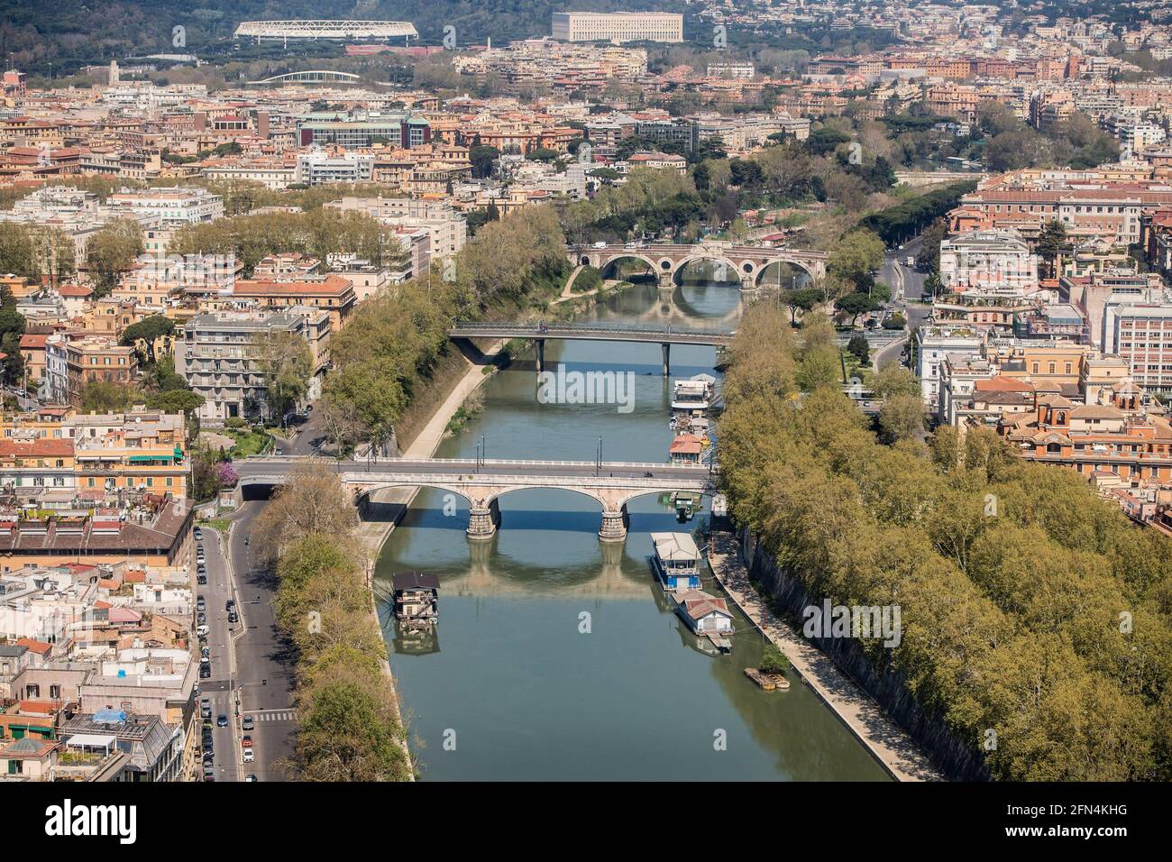 Elevated view of city with bridge and tiber river hi-res stock ...