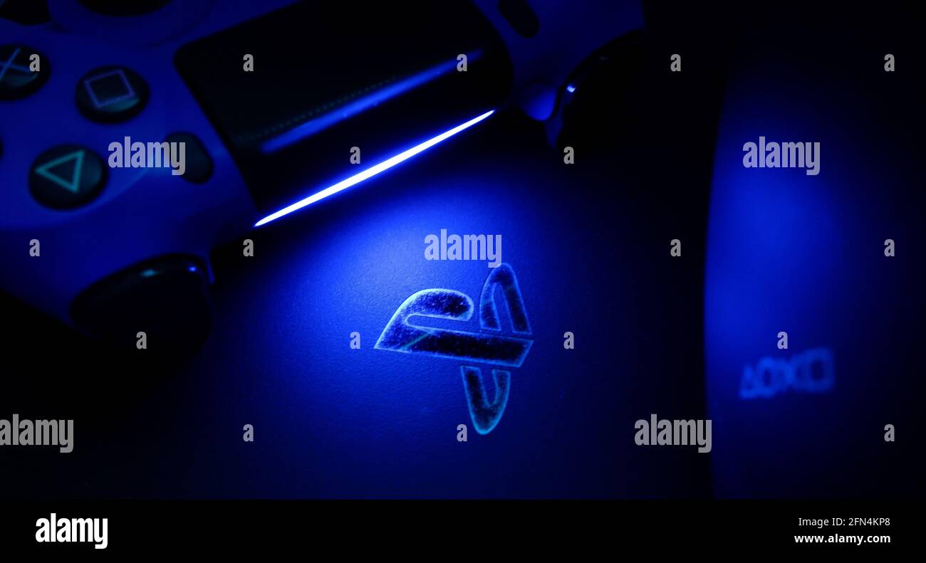 SAO PAULO, BRAZIL - May 04, 2021: Sony Playstation logo illuminated on ...