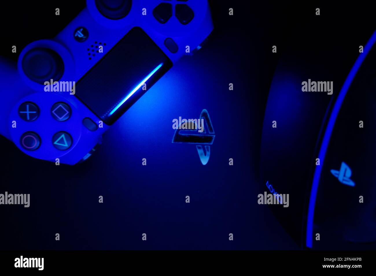 SAO PAULO, BRAZIL - May 04, 2021: Sony Playstation logo illuminated on ...