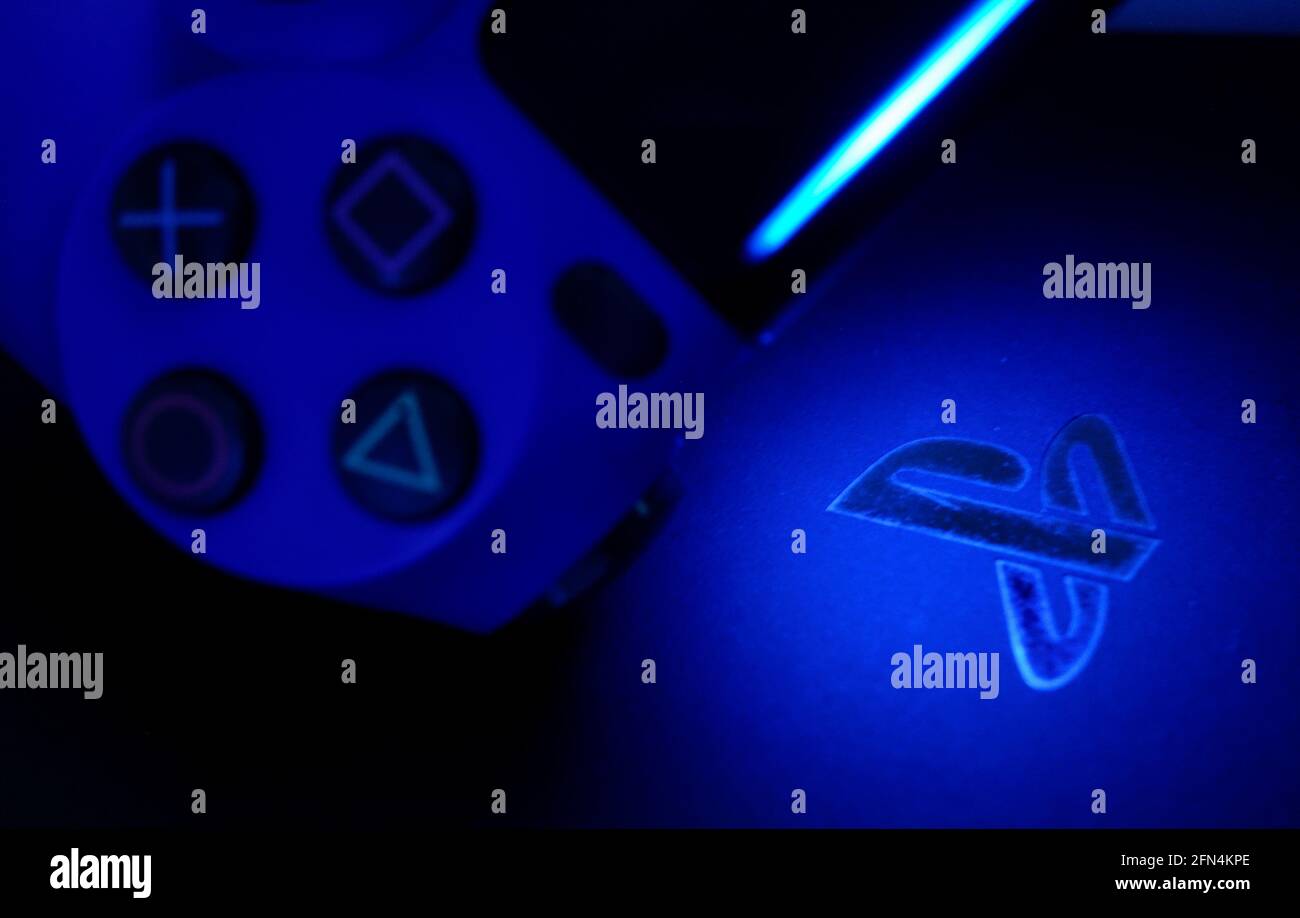 SAO PAULO, BRAZIL - May 04, 2021: Sony Playstation logo illuminated on ...
