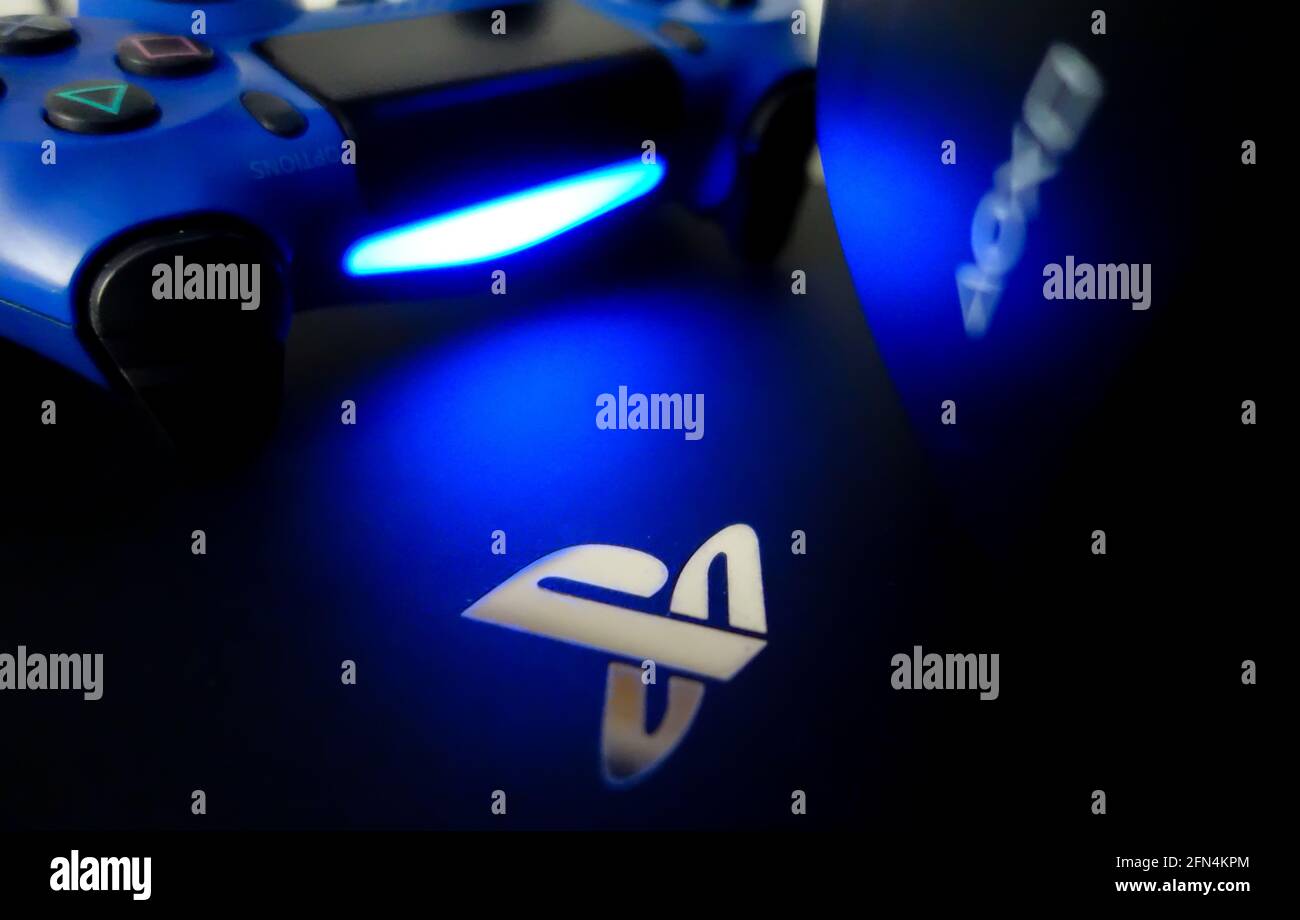 SAO PAULO, BRAZIL - May 04, 2021: Sony Playstation logo illuminated on ...