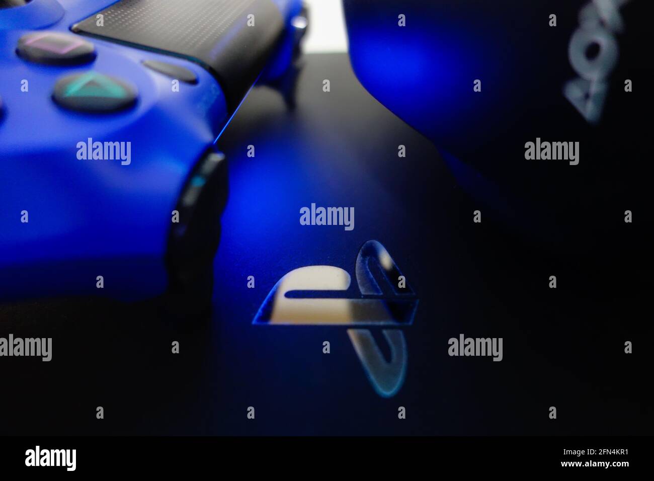 SAO PAULO, BRAZIL - May 04, 2021: Sony Playstation logo illuminated on ...