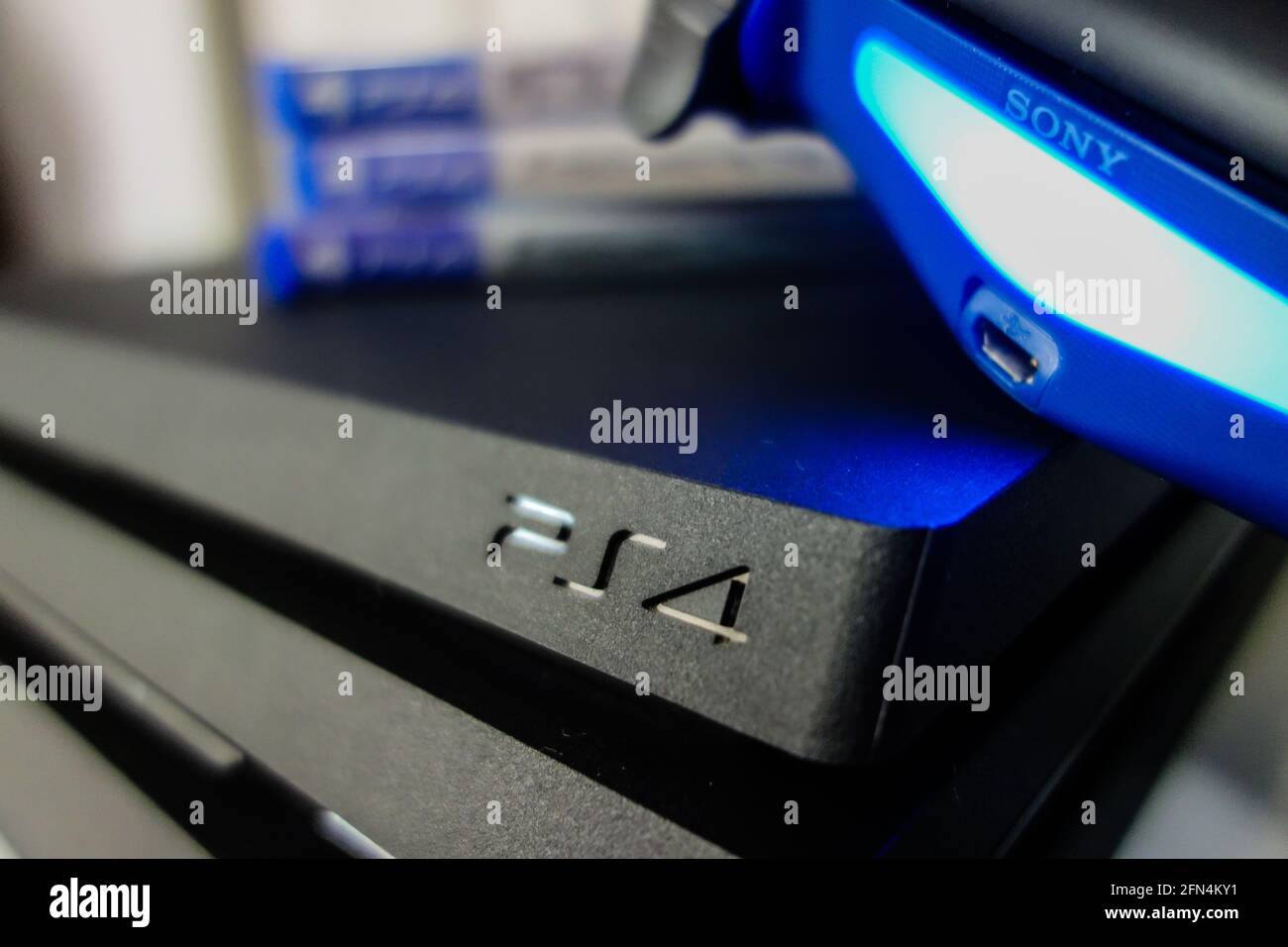 SAO PAULO, BRAZIL - May 04, 2021: Sony black Playstation 4 Pro game ...