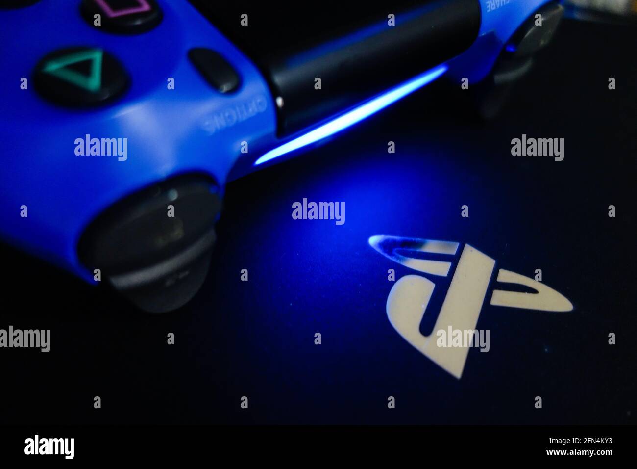 SAO PAULO, BRAZIL - May 04, 2021: Sony Playstation logo illuminated on ...