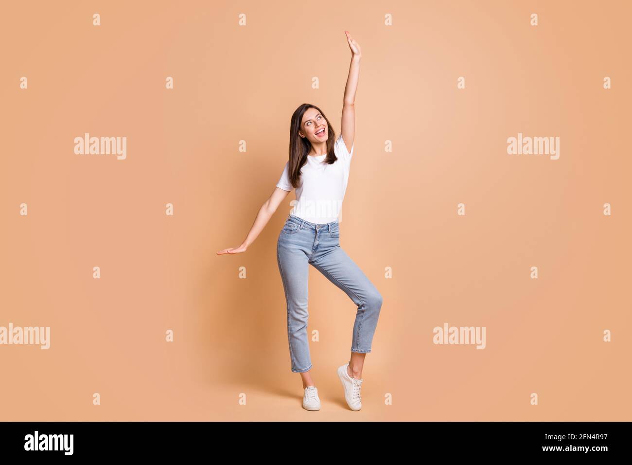 Full length body size photo of female student dancing on disco laughing ...