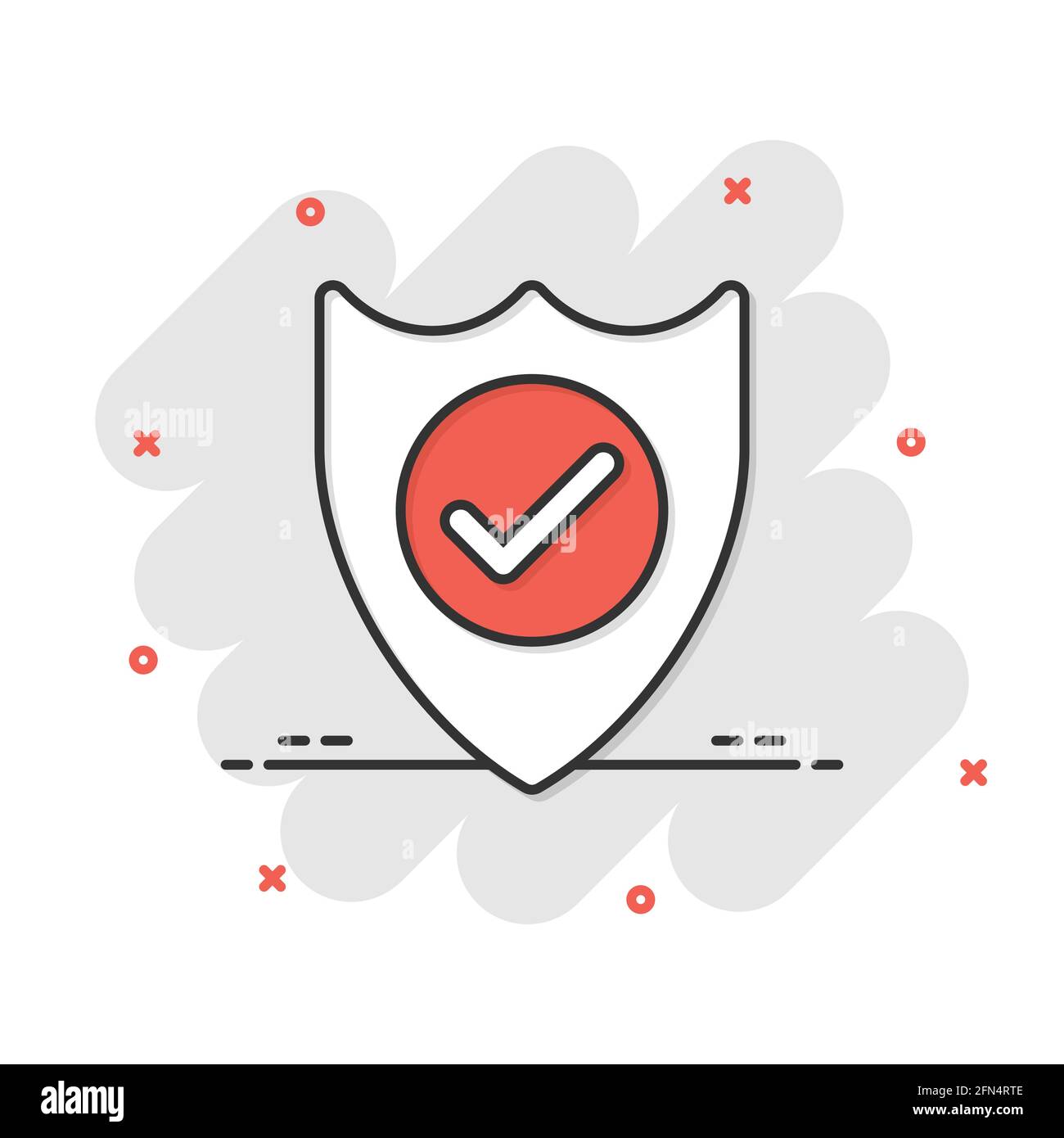 Shield with check mark icon in comic style. Protect cartoon vector ...