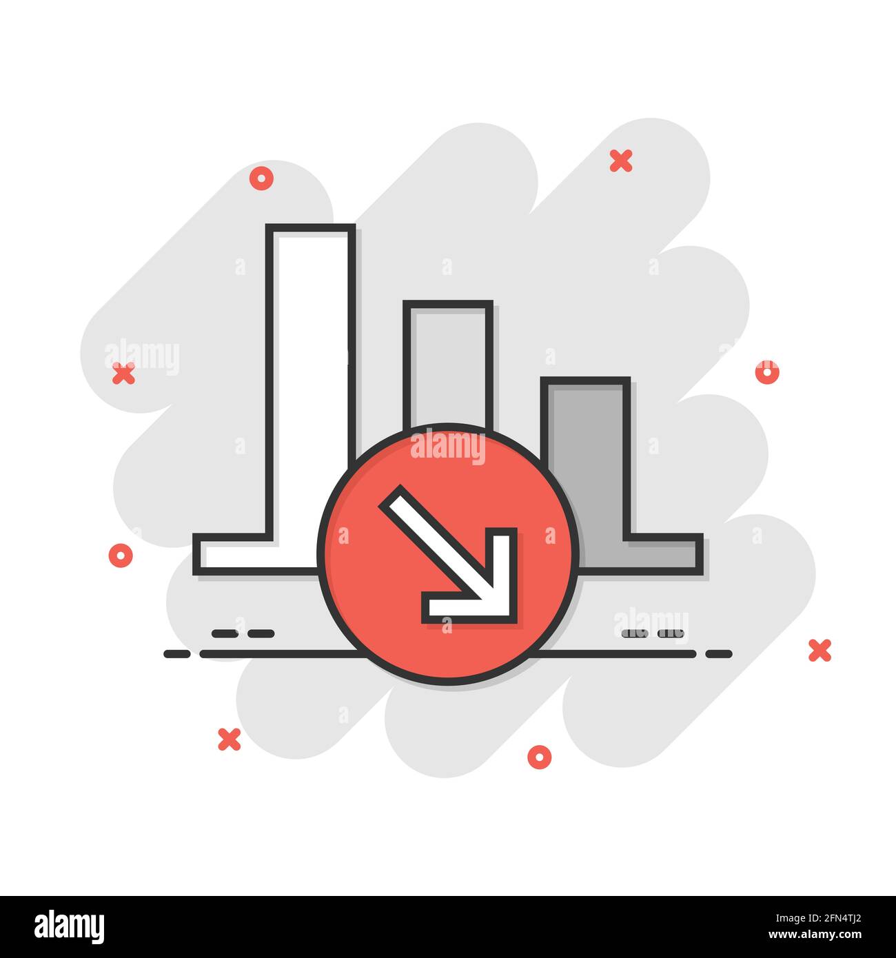 Market trend icon in comic style. Decline arrow with magnifier cartoon vector illustration on ...