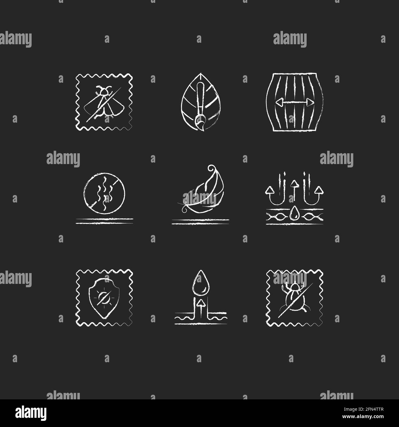 Different types of fabric feature chalk white icons set on black ... Different types of fabric feature chalk white icons set on black ...
