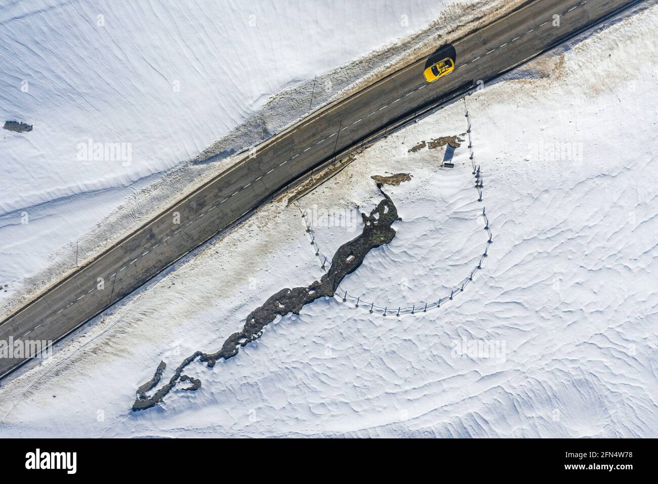 Aerial view of the Pla de Beret meadows in winter. Source of the river ...