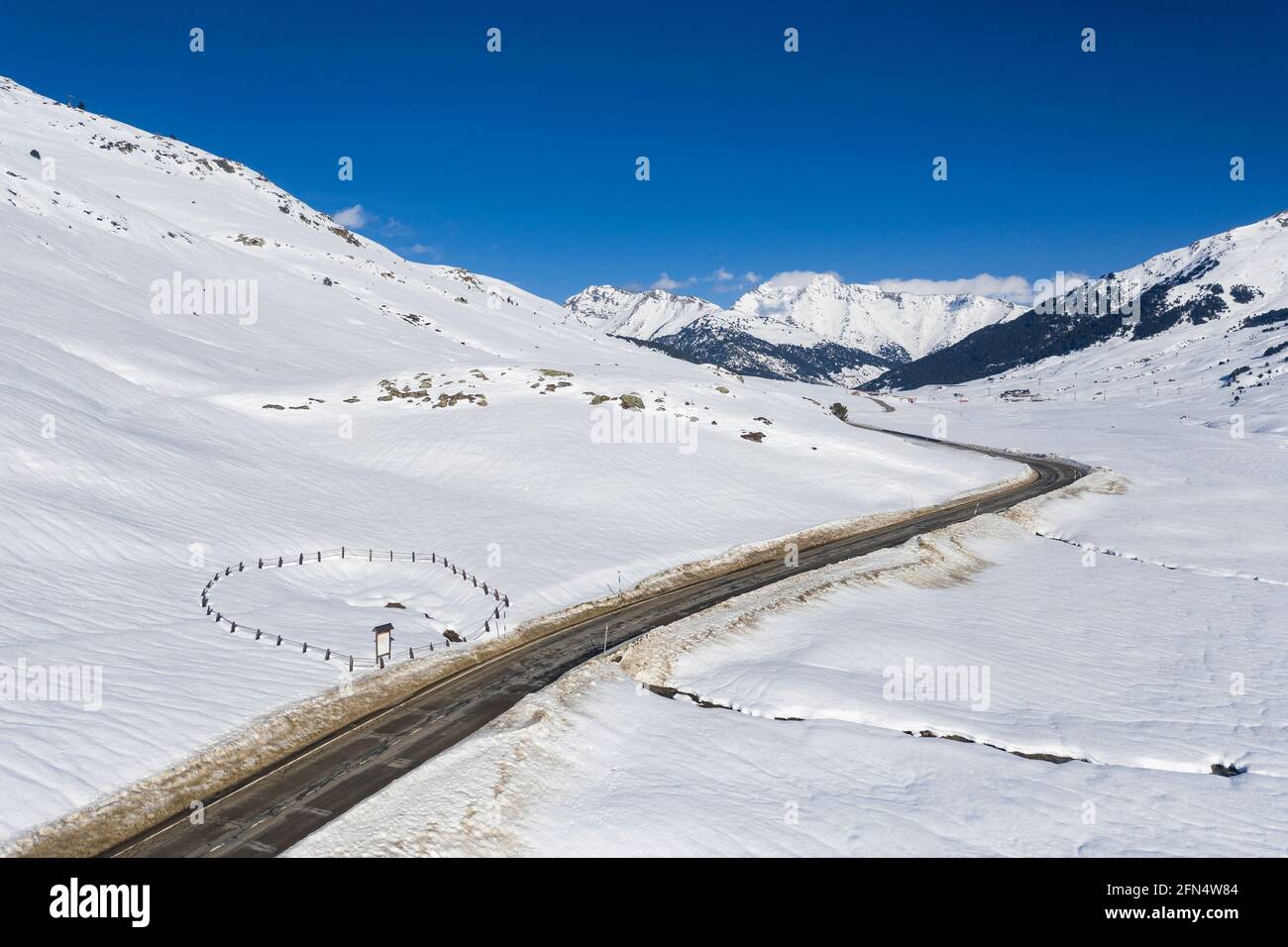 Aerial view of the Pla de Beret meadows in winter. Source of the river ...