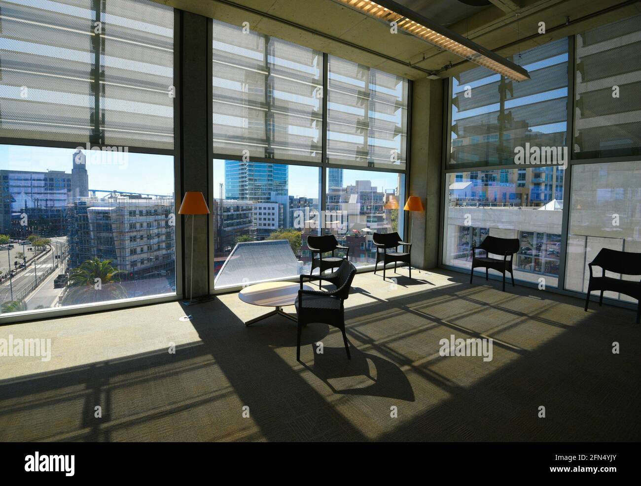 Reading room interior of the San Diego Central Library overlooking the ...