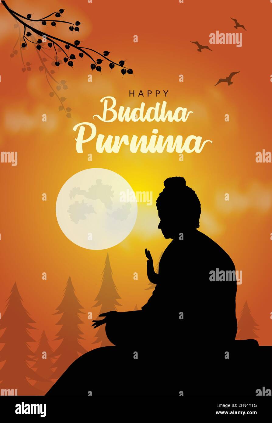 Happy Vesak Day, Buddha Purnima wishes greetings with buddha and lotus illustration. Can be used ...