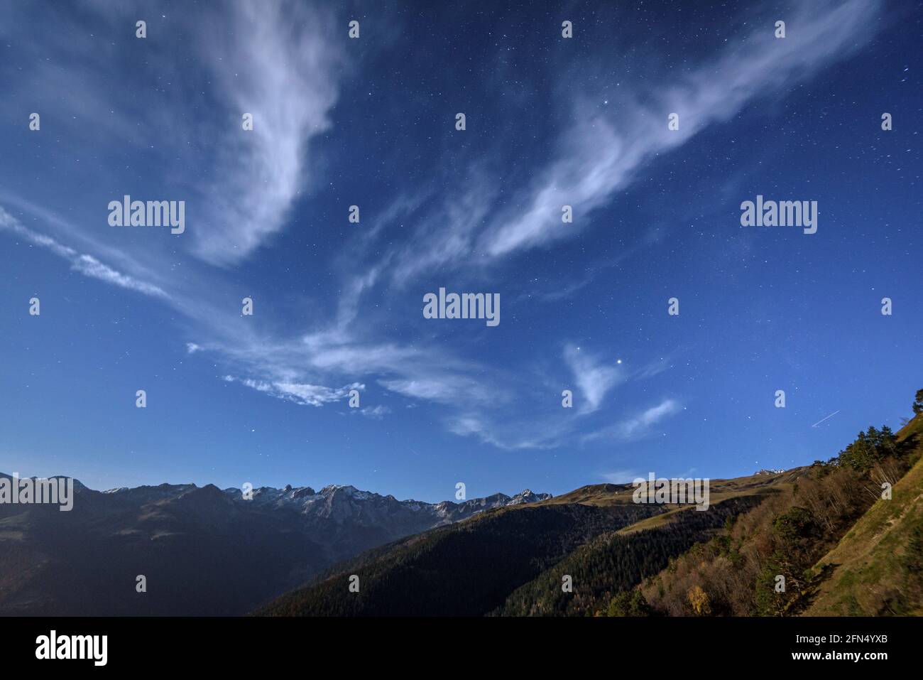Pyrenees mountains at night, seen from near the Bassa d'Oles (Aran ...